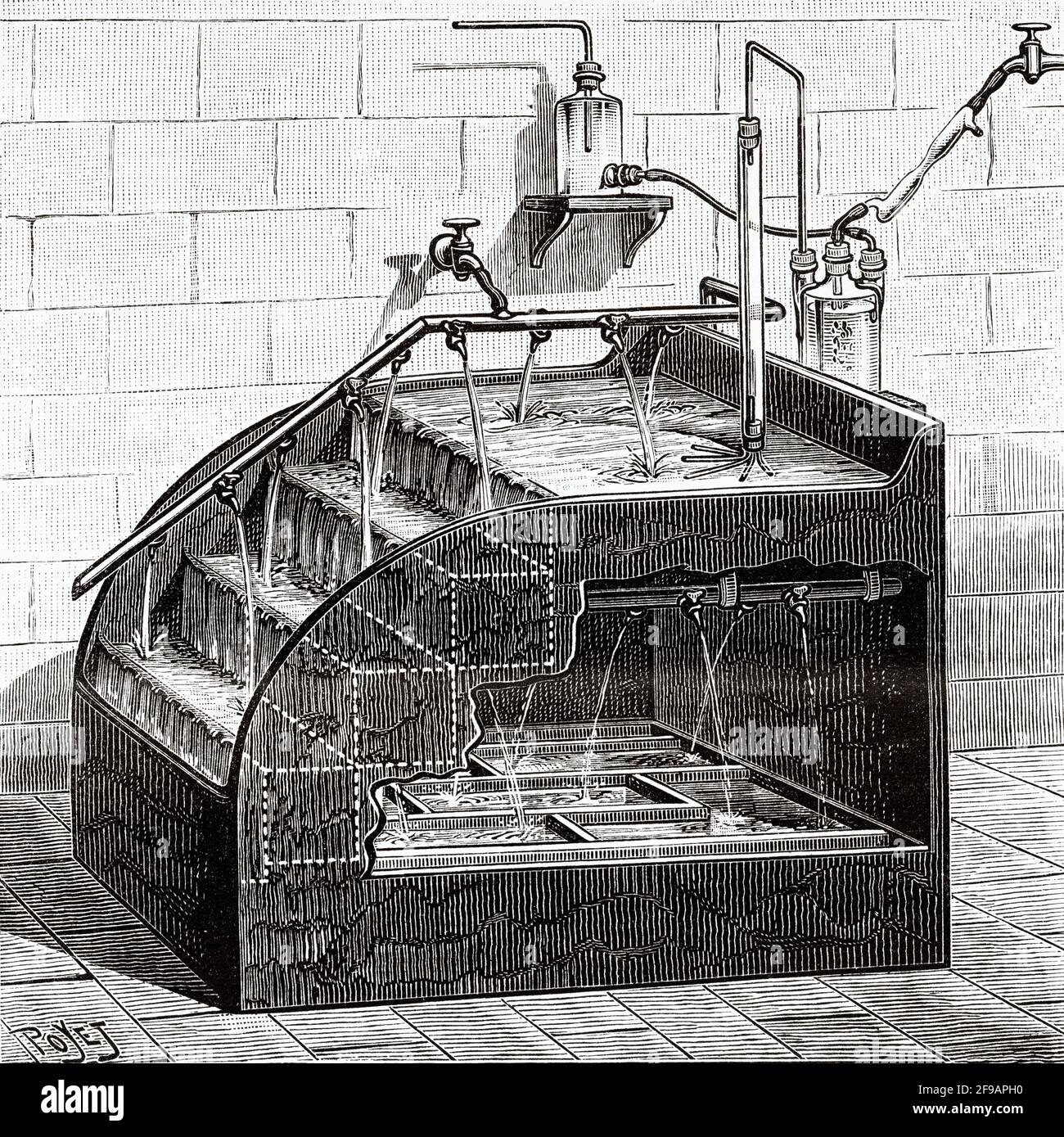 Fish farm apparatus 1889. Old 19th century engraved illustration from ...