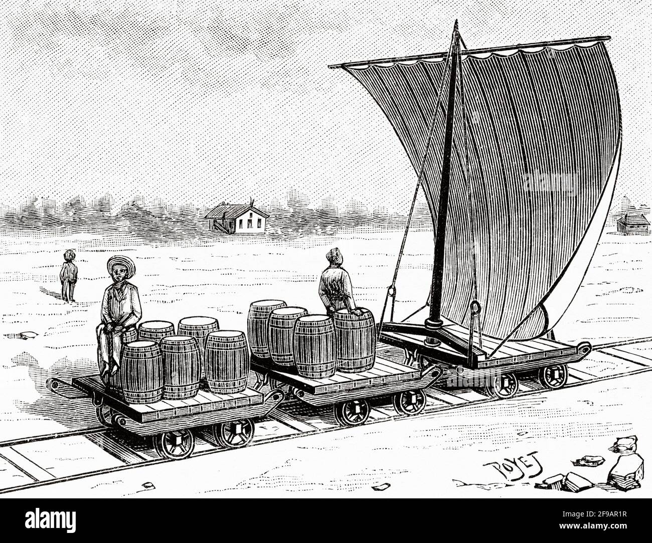 Sailing railway. Wind carriage on railroad at Malden Island or ...