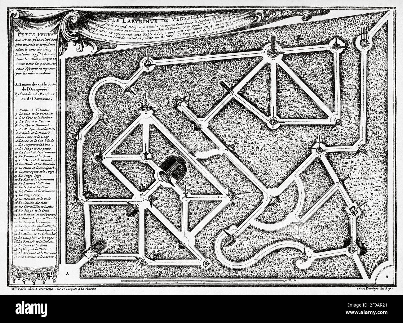Map of the labyrinth of Versailles, it was a hedge maze in the gardens ...