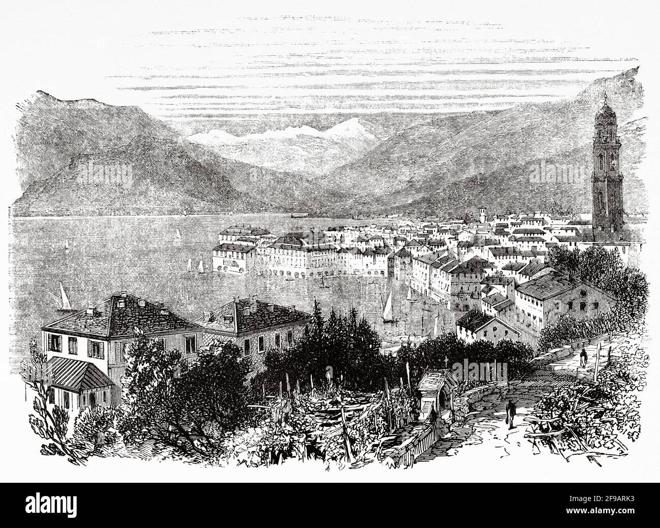 Lake Lugano, Ticino, Switzerland, , late 1800s. Europe. Old 19th ...
