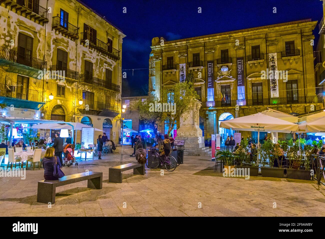 PALERMO, ITALY, APRIL 22, 2017: Night view of a Piazza Bologni square ...