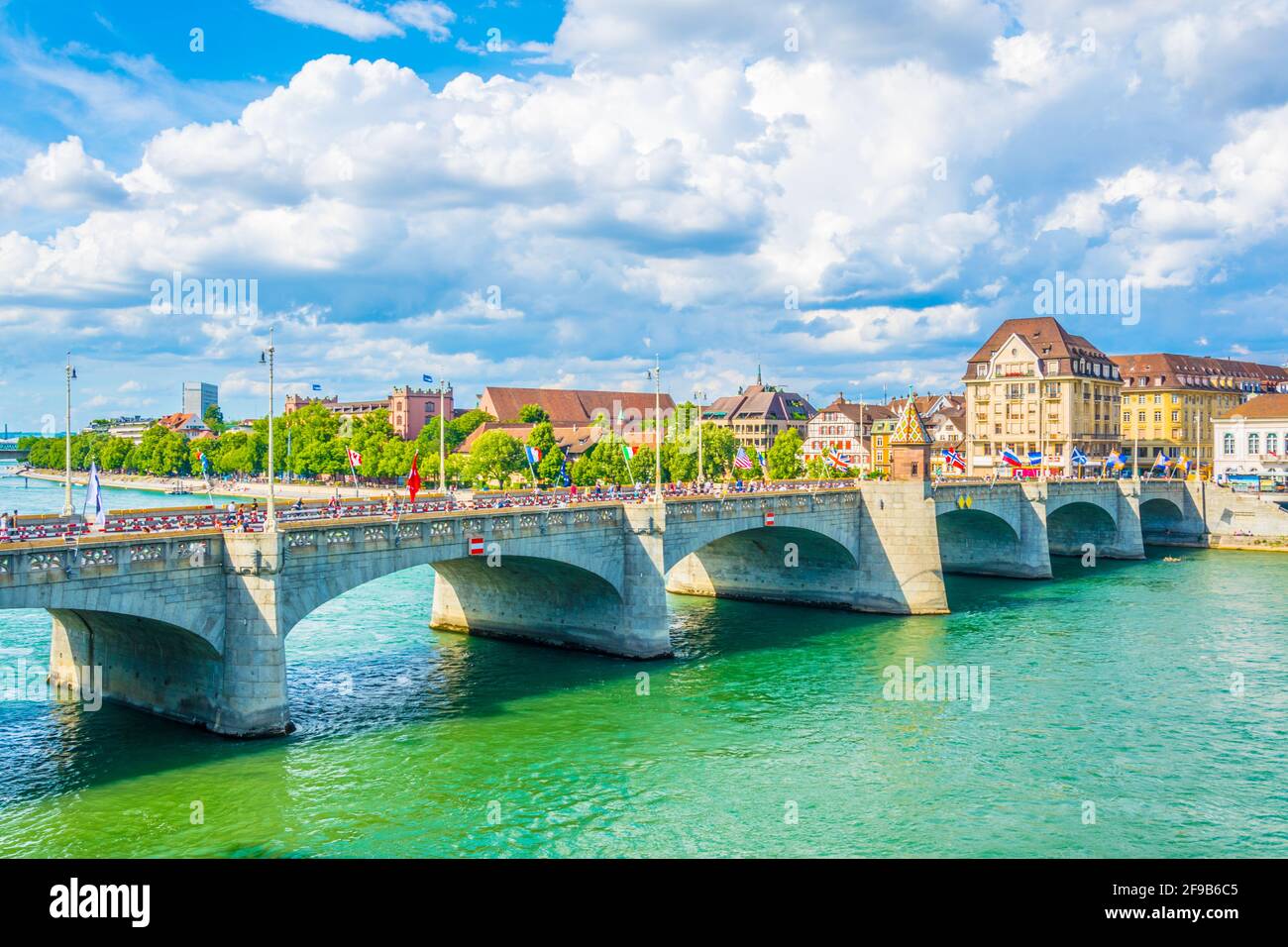BASEL, SWITZERLAND, JULY 14, 2017: Riverside of Rhine in Basel with ...