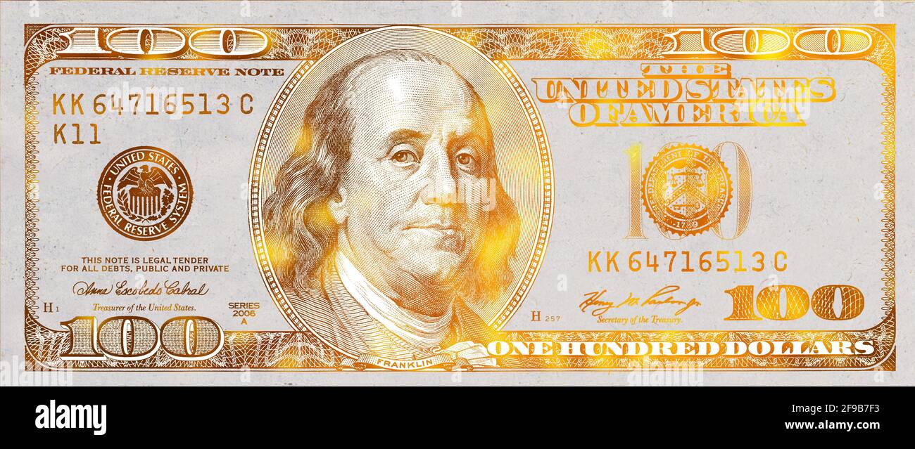 golden textured 100 US dollar banknote for design purpose Stock Photo ...
