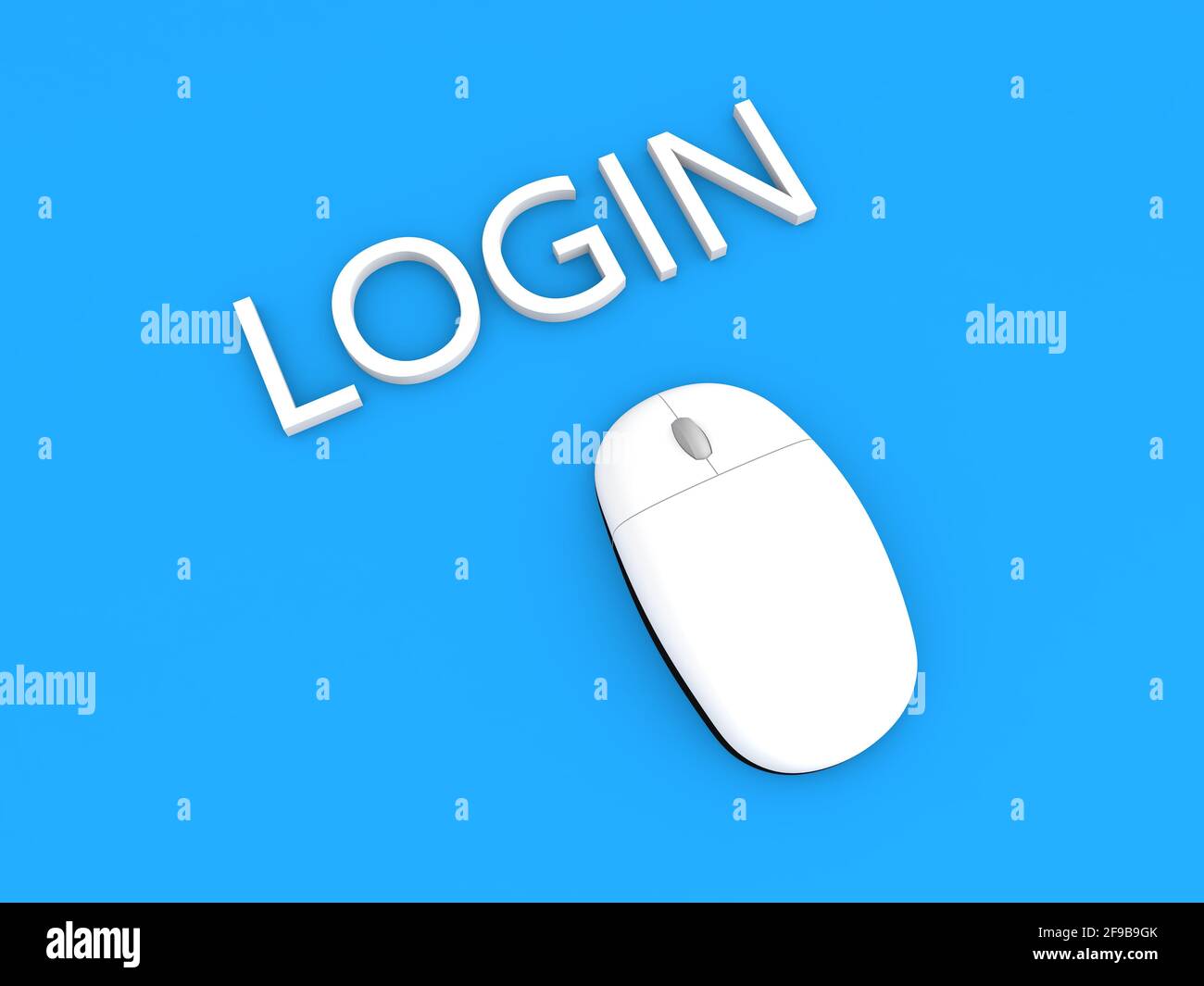 Computer mouse and the word login on a blue background. 3d render ...