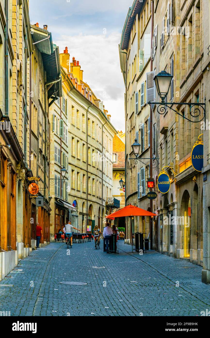 GENEVA, SWITZERLAND, JULY 20, 2017: View of a narrow street in the ...