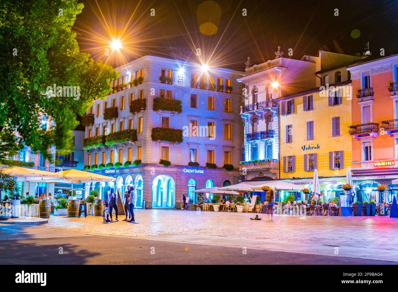 LUGANO, SWITZERLAND, JULY 24, 2017: Night view of the central square in ...