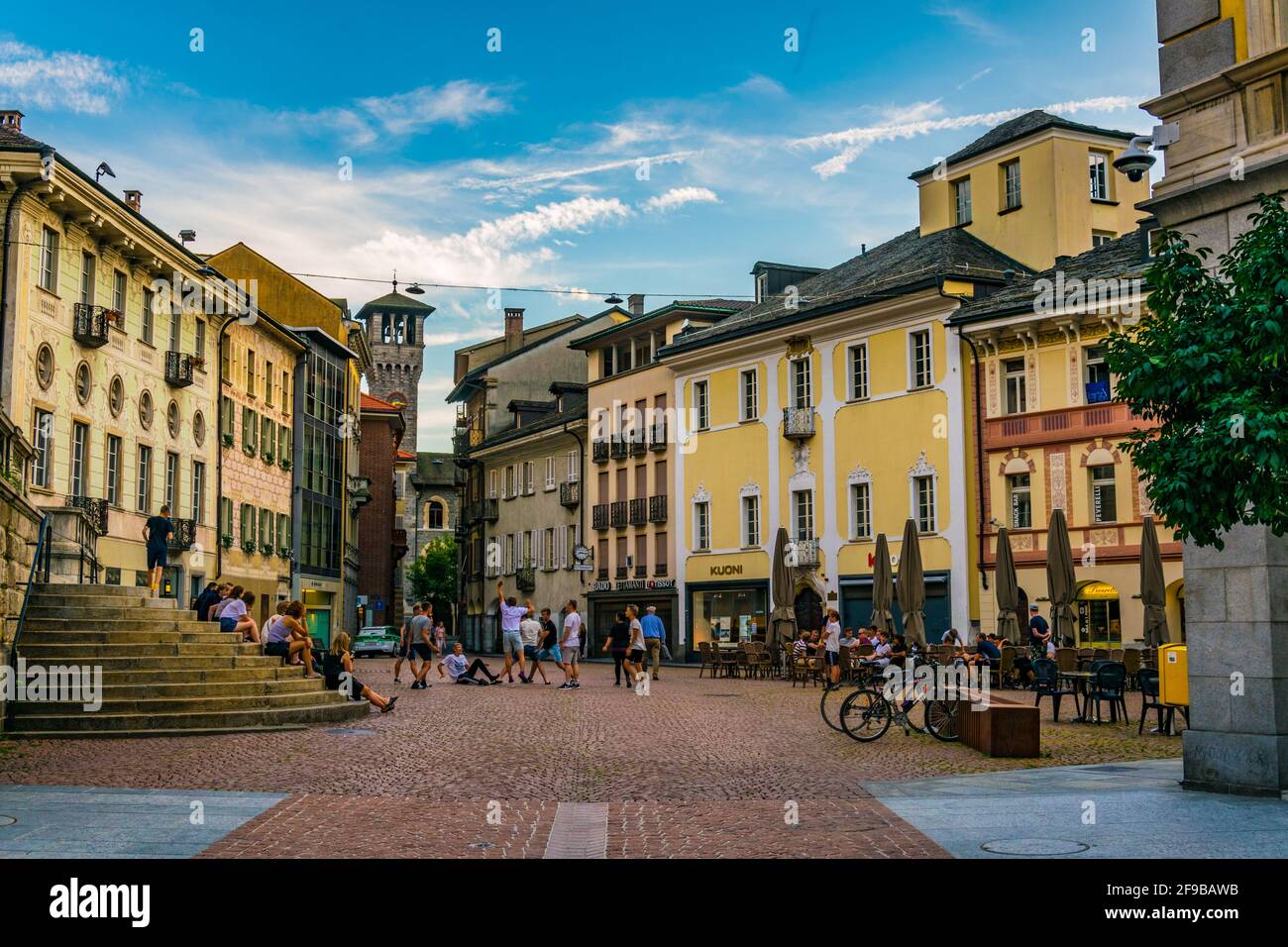 BELLINZONA, SWITZERLAND, JULY 26, 2017:Narrow street in the center of ...