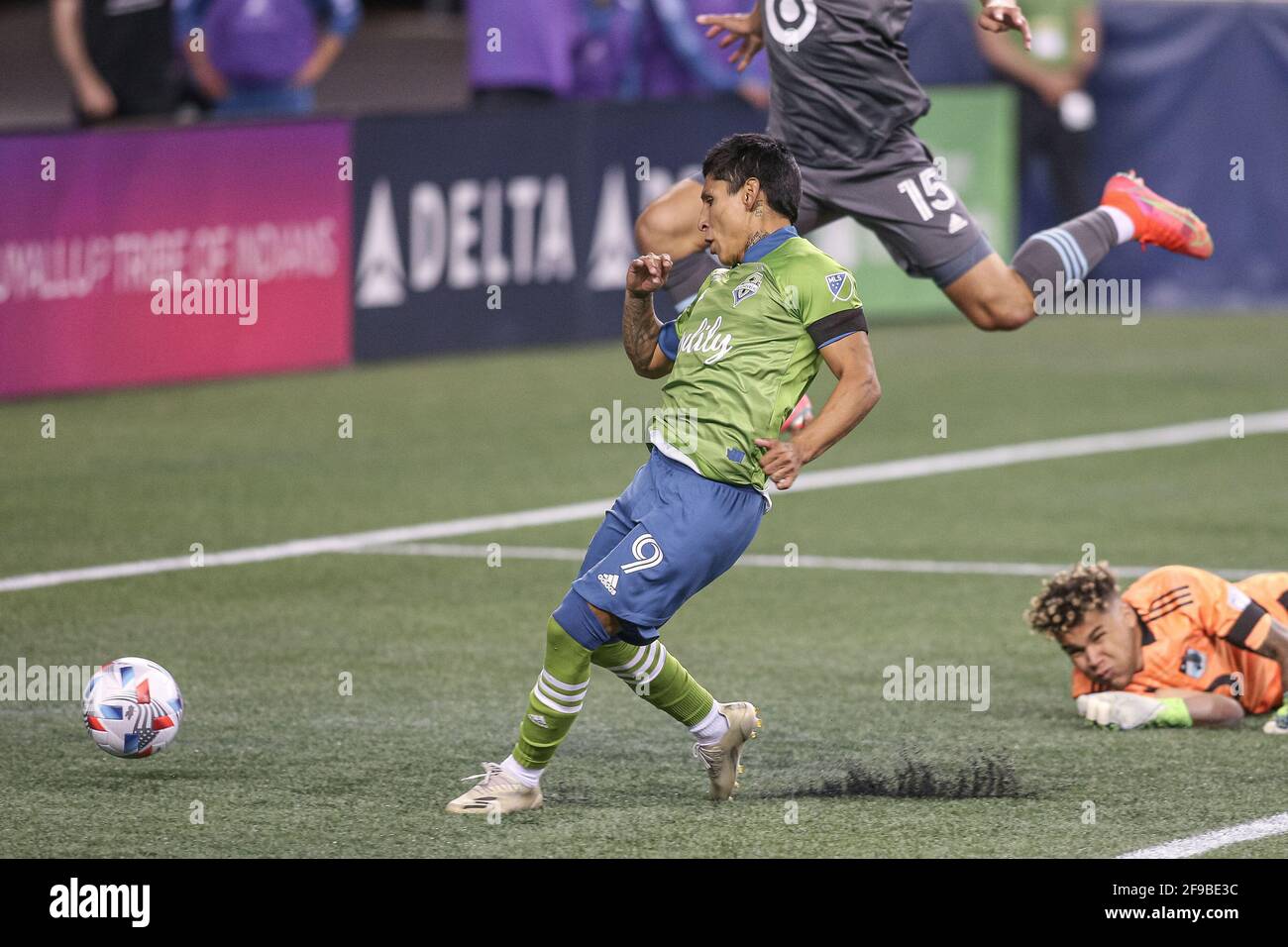 Seattle Sounders FC forward Raul Ruidiaz (9) kicks a goal during the ...