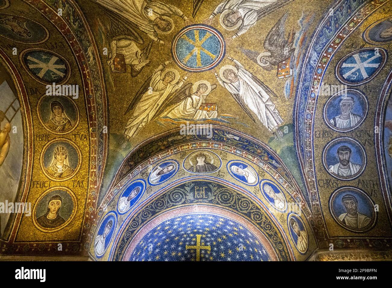 Low angle shot of mosaics on the ceiling in Archiepiscopal Chapel ...