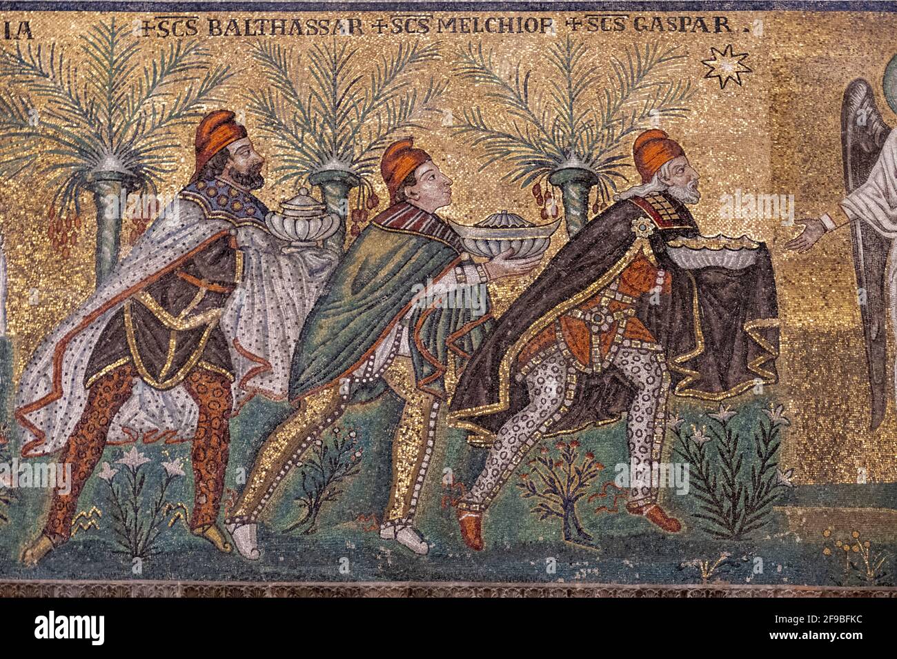 Mosaic of three wise men on the wall in Sant'Apollinare Basilica at ...