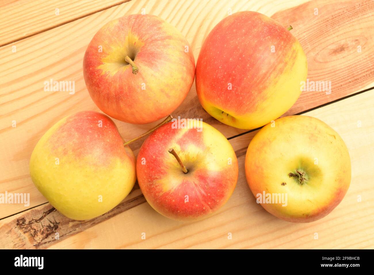 Several ripe organic, juicy, aromatic apples, close-up, on a wooden ...