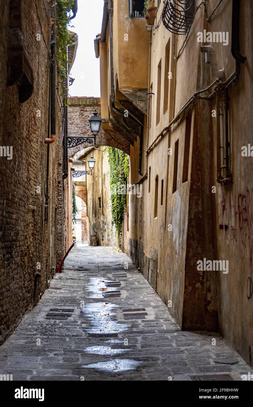 Vertical shot of an alley in between house in Pisa, Tuscany, Italy ...