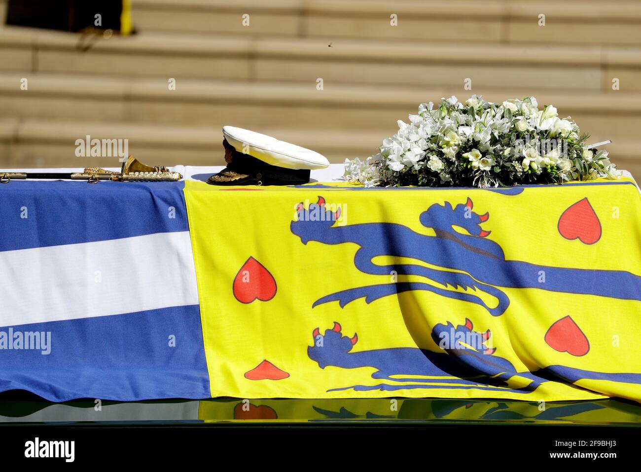 The Duke of Edinburgh's coffin, covered with His Royal Highness's ...
