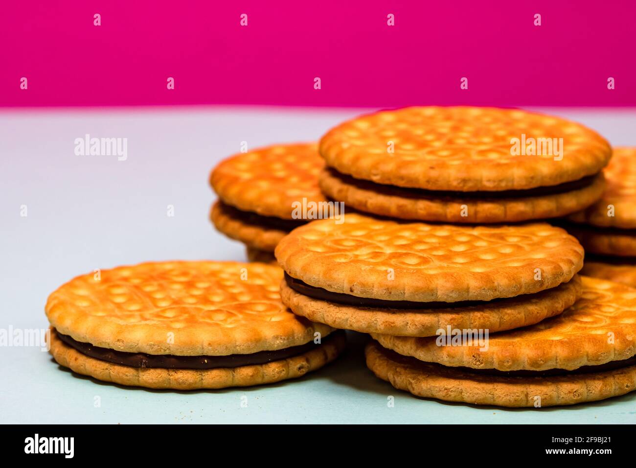 View of Round biscuits with chocolate cream, sandwich biscuits with ...