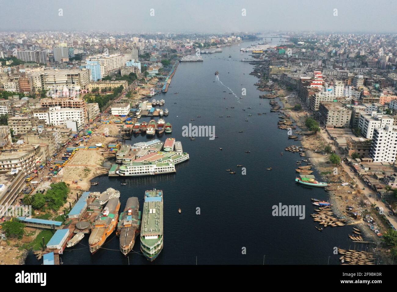Dhaka, Bangladesh - April 16, 2021: A top view of the Buriganga River ...