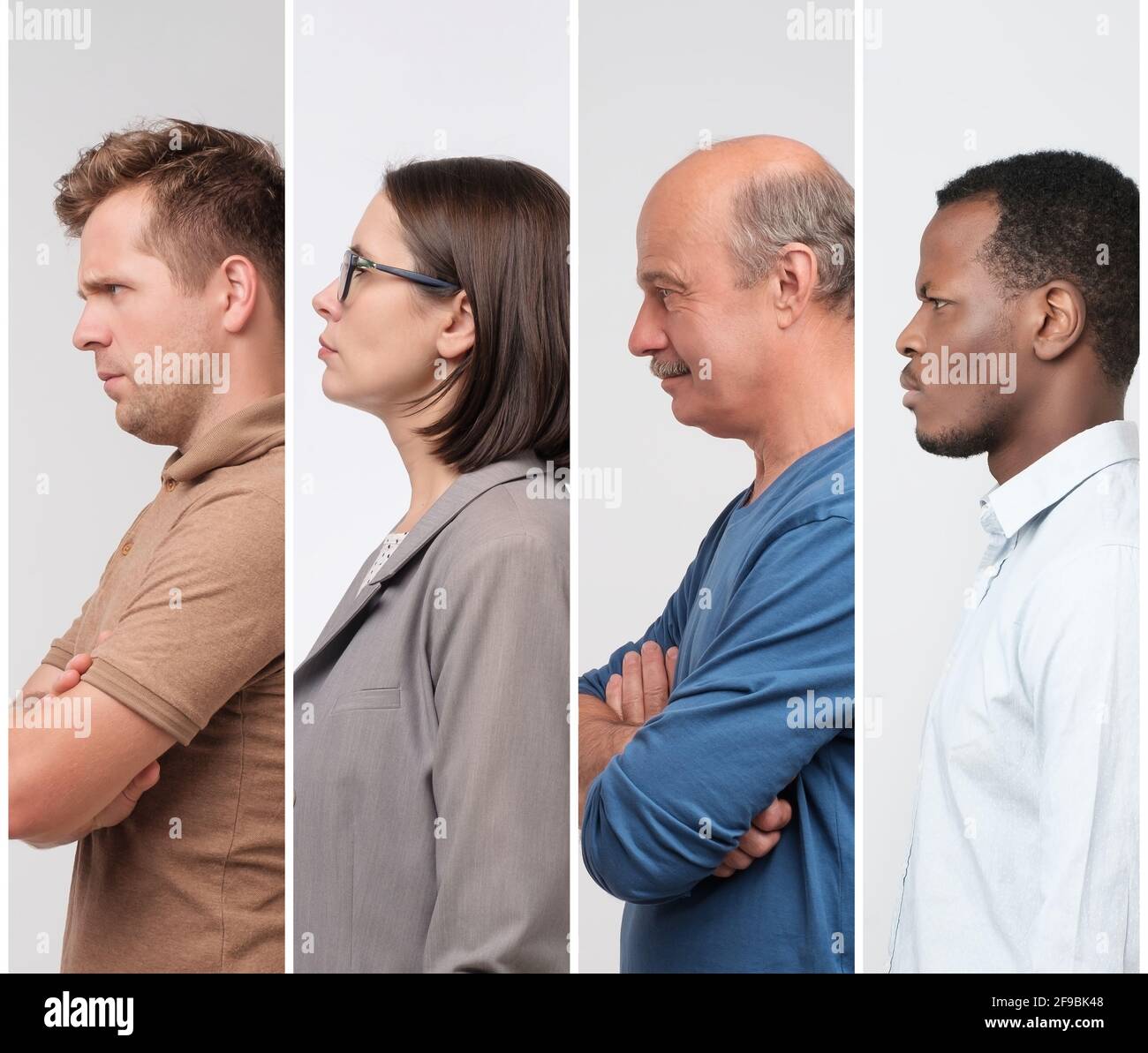 Side view portrait of several people male and female looking seriously ...