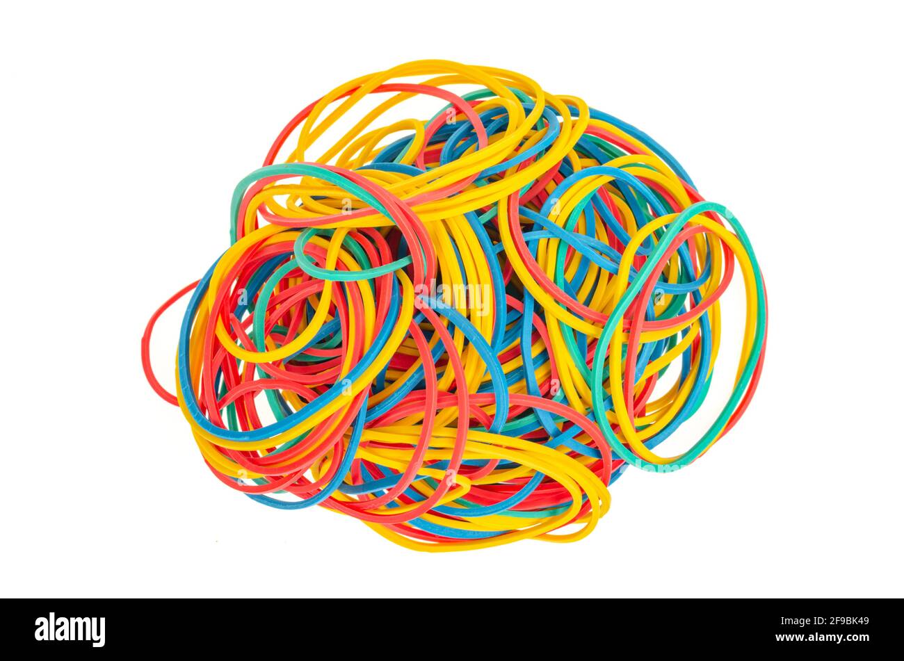 Many colourful multi coloured elastic rubber bands on white background ...