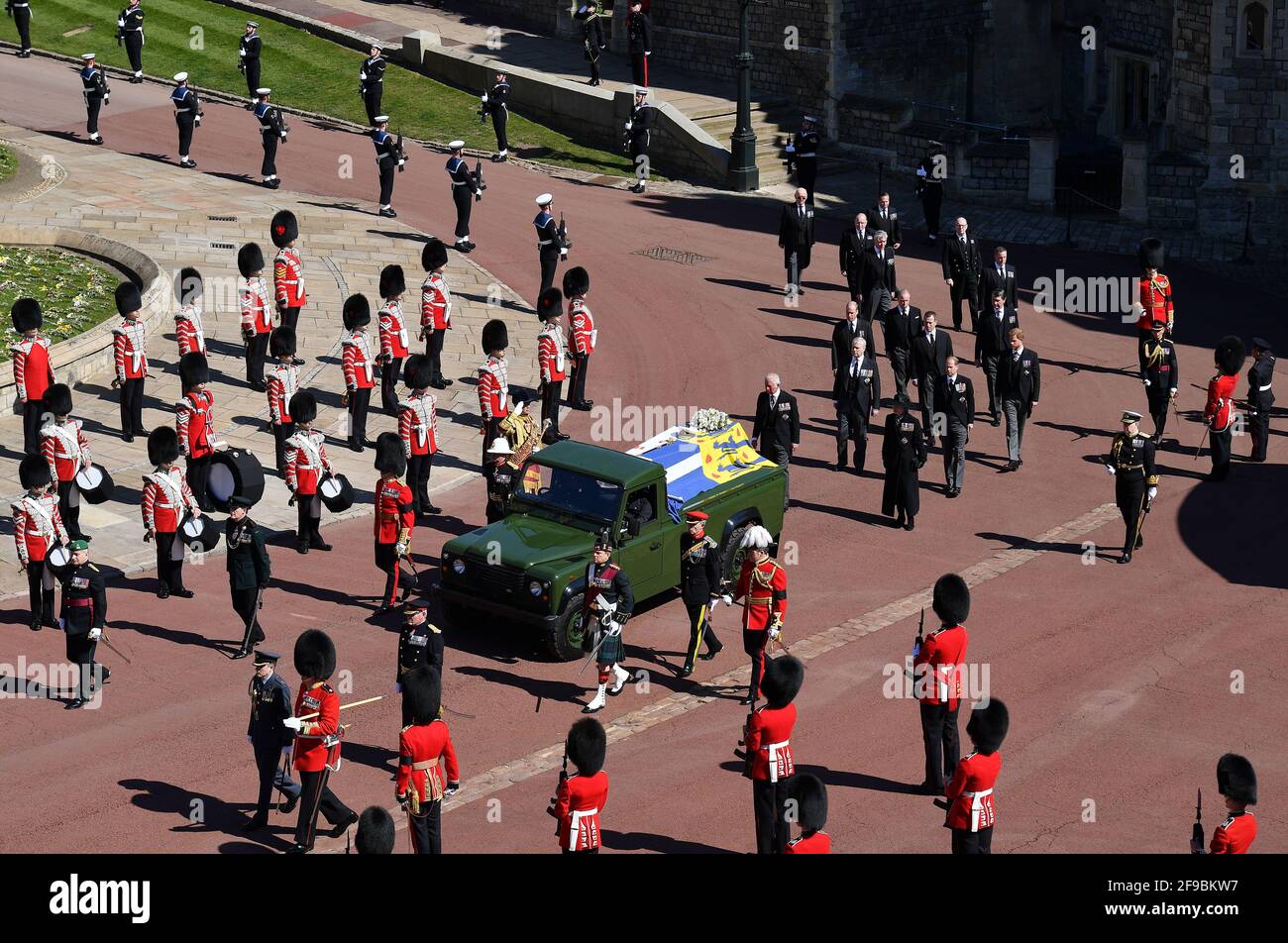 The Duke of Edinburgh's coffin, covered with his Personal Standard, is ...