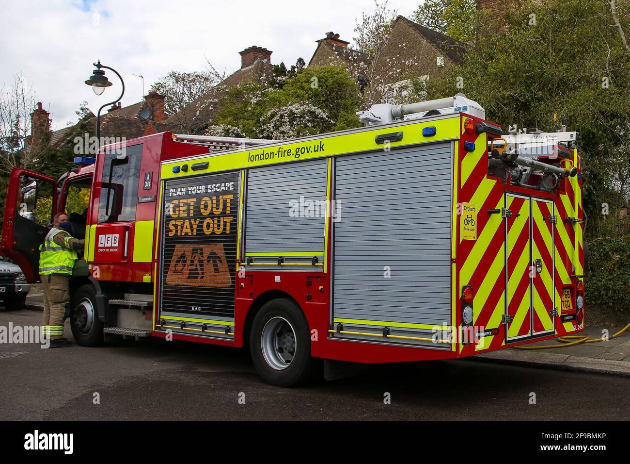 London, UK. 16th Apr, 2021. A fire truck seen parked on a roadside in ...