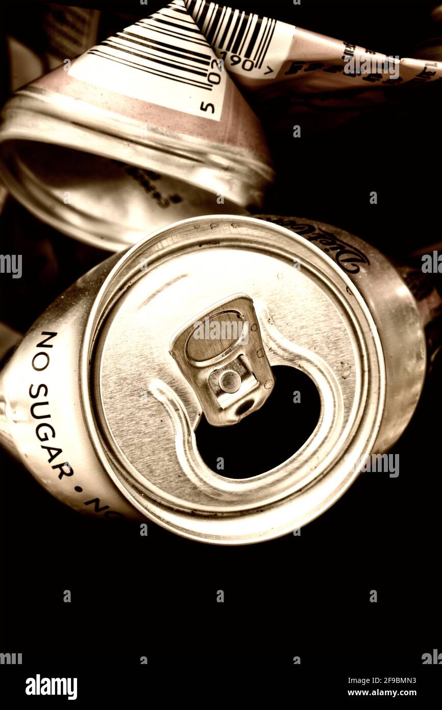 Found still life of discarded drinks containers, symbolising waste ...