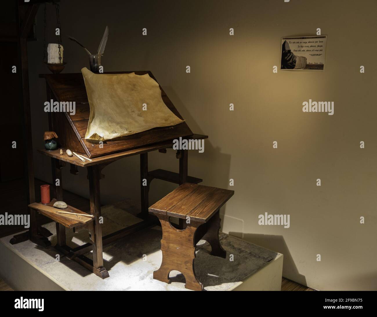 Historic writing setup with wooden chairs and quills Stock Photo - Alamy