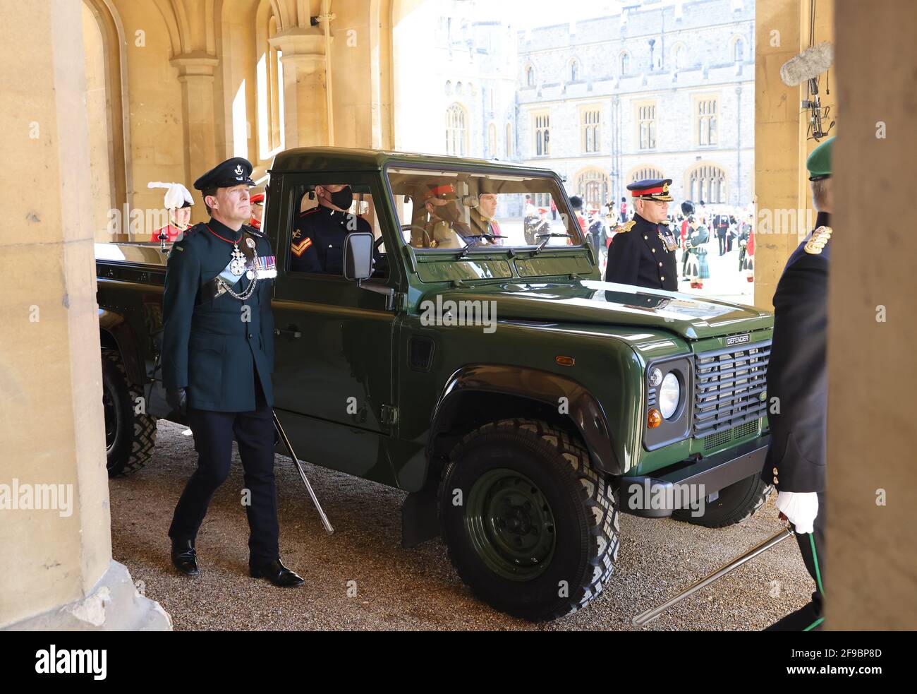 The purpose built Land Rover Defender hearse at the funeral of the Duke ...