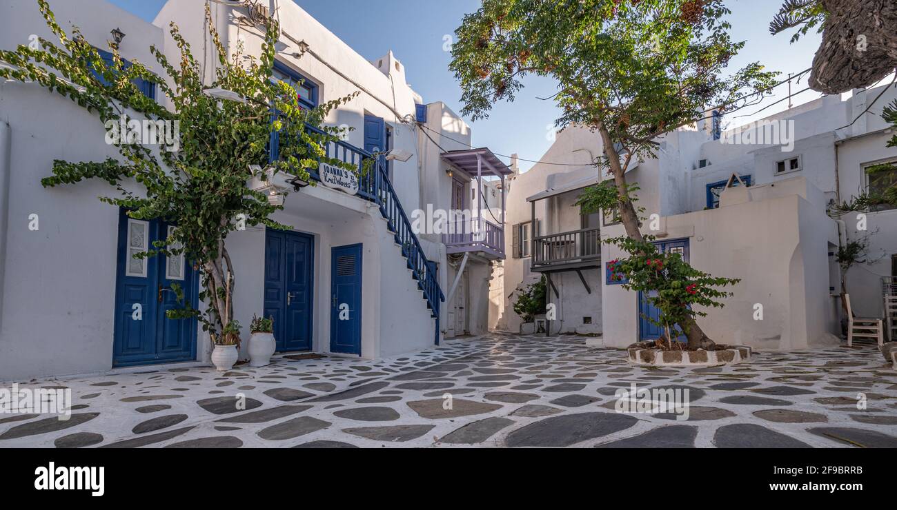 Beautiful Mykonos island with white and blue colored buildings and ...