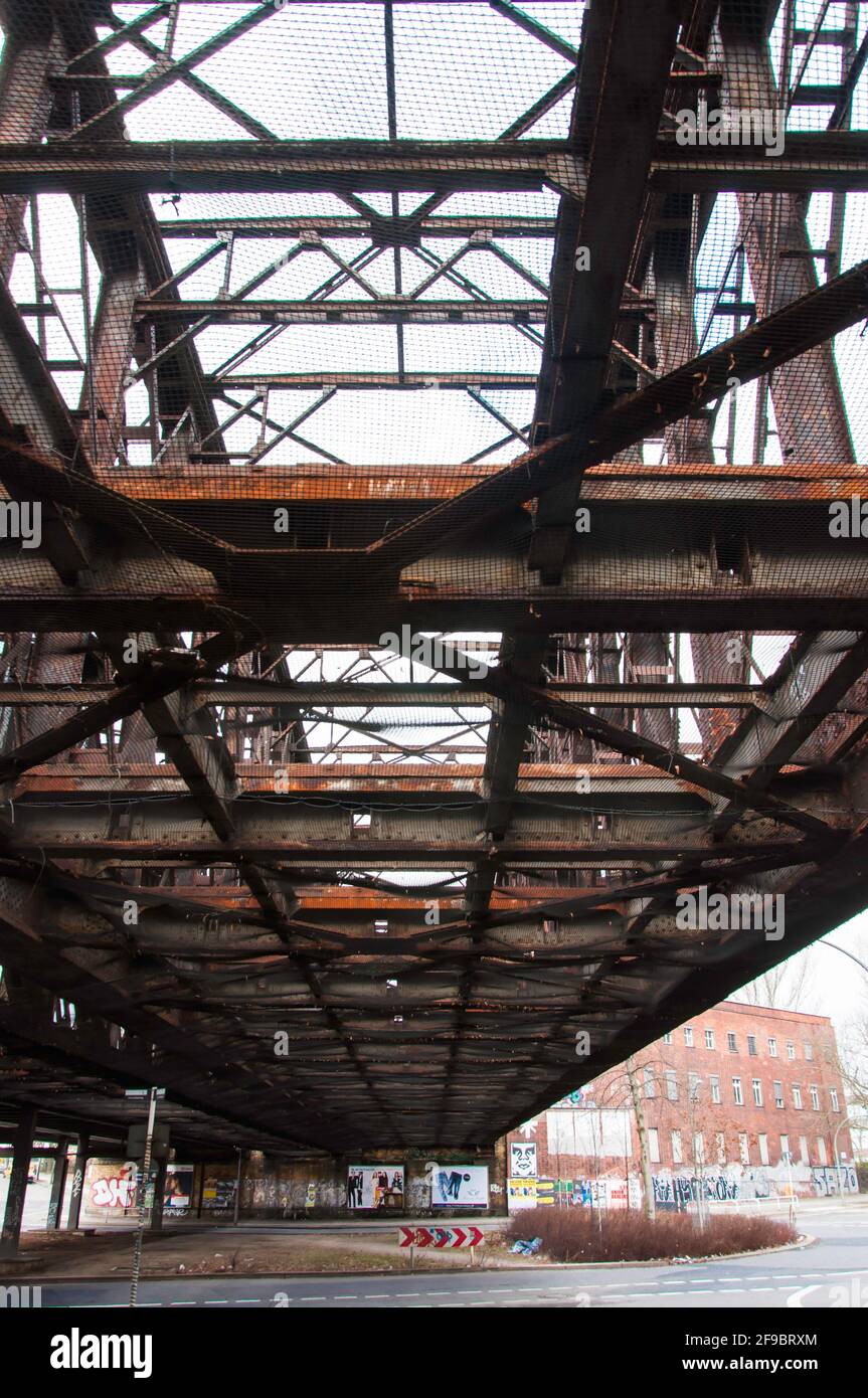 Detailed view of an old, no longer used railway bridge. It's old and ...