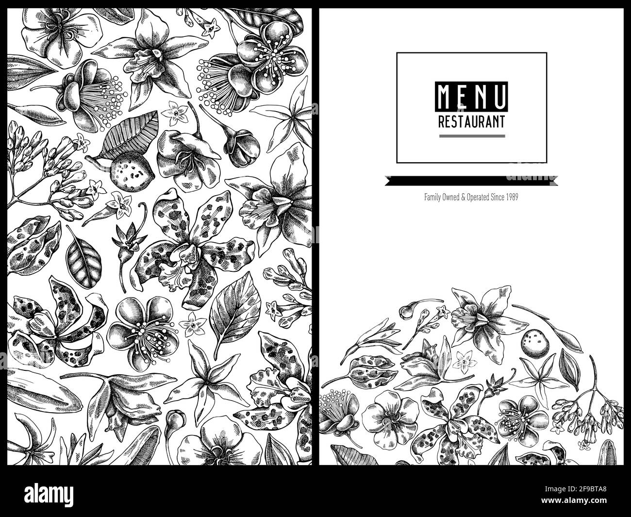 Menu cover floral design with black and white laelia, feijoa flowers ...