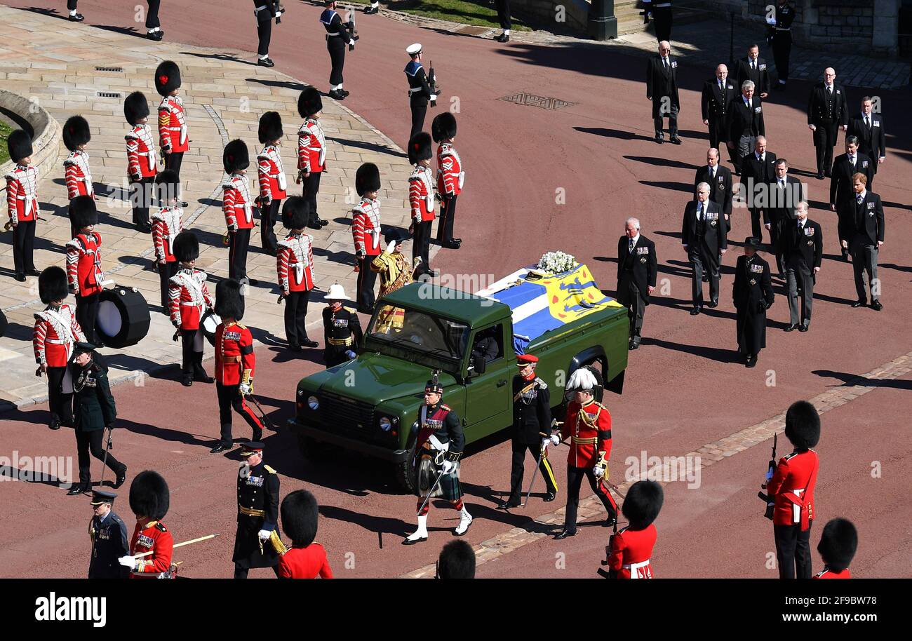 The Duke of Edinburgh's coffin, covered with his Personal Standard, is ...