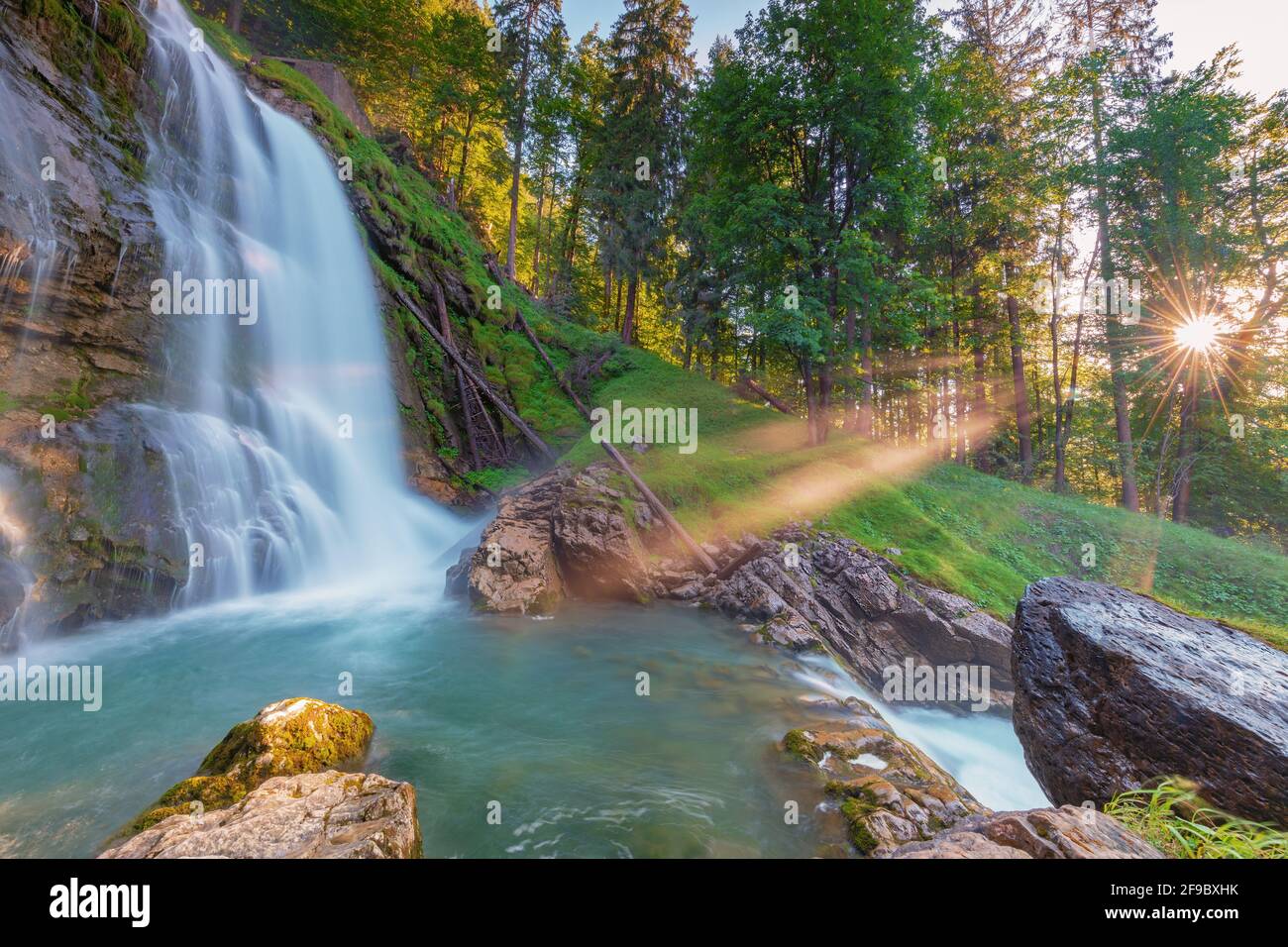 Beautiful view of the waterfall and the rocks in the forest on a sunny ...