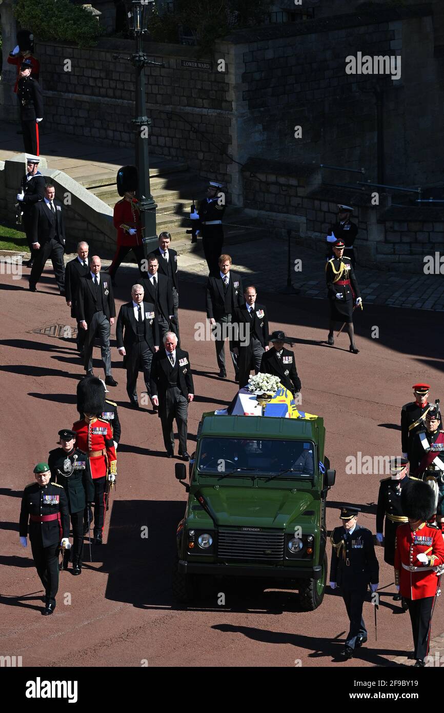 The Duke of Edinburgh's coffin, covered with his Personal Standard, is ...