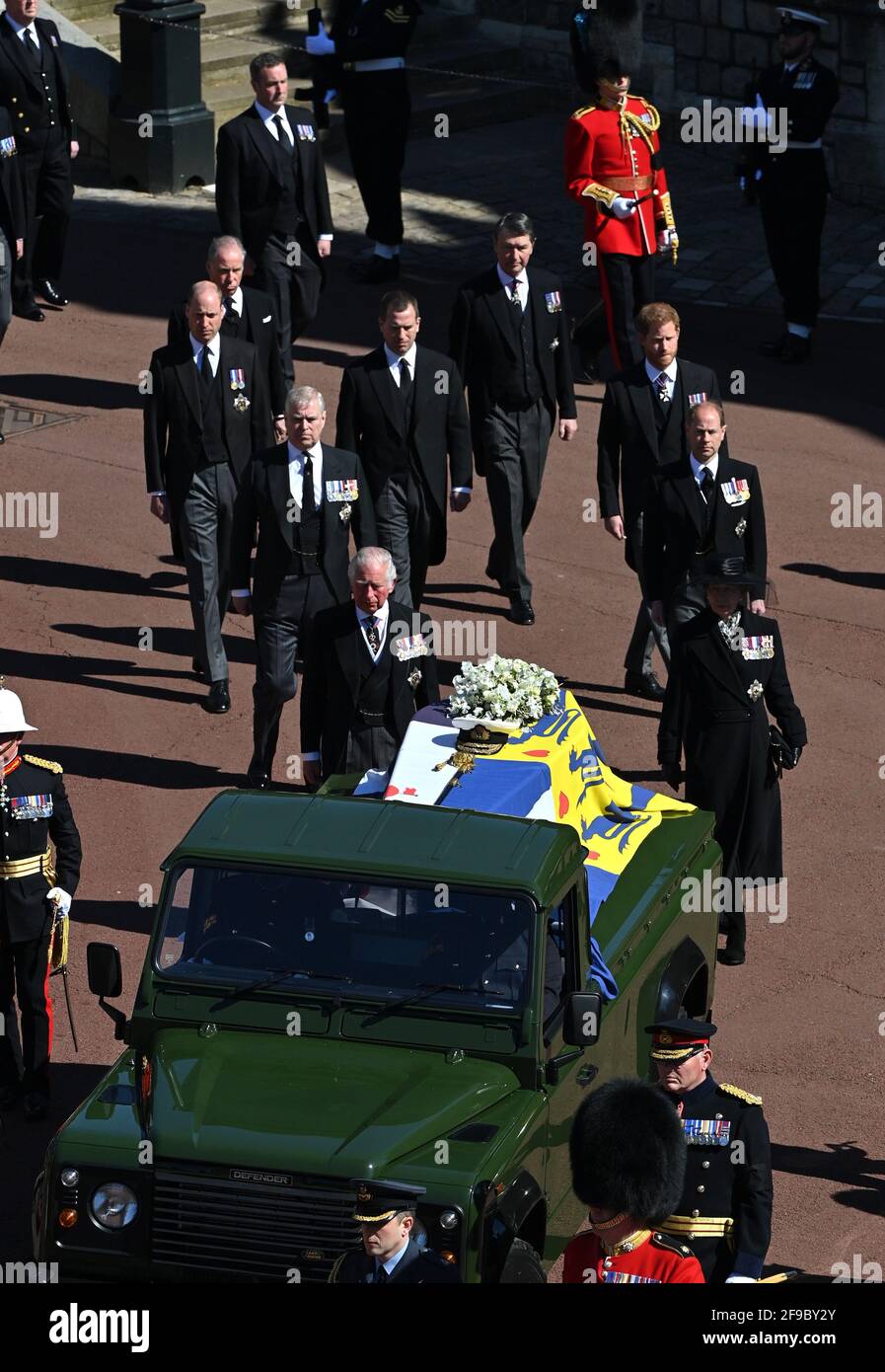 The Duke of Edinburgh's coffin, covered with his Personal Standard, is ...