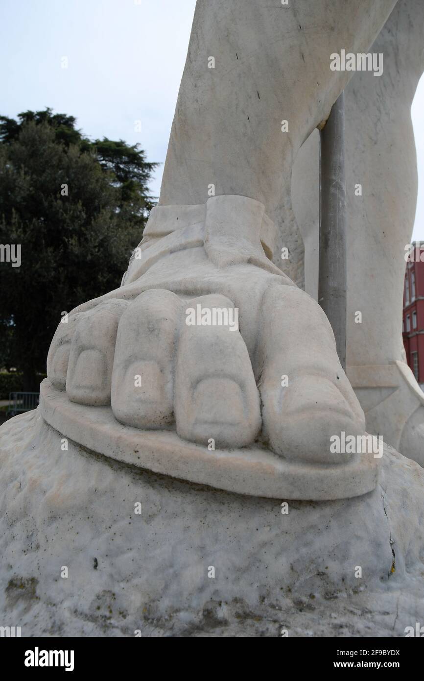 Rome, Italy, 16 April, 2021 A detail of a marble statue depicting the ...