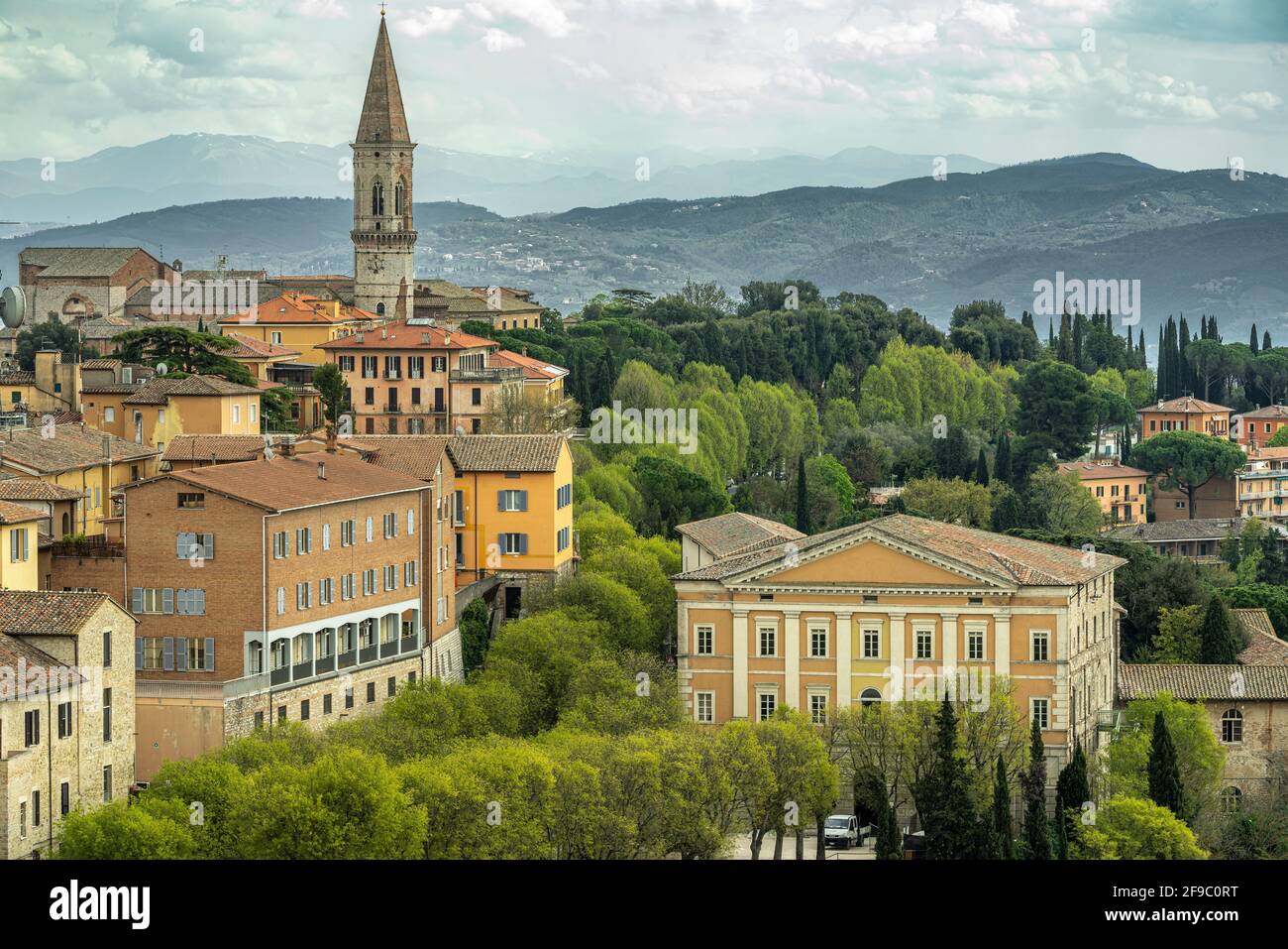 Urban landscape of the city of Perugia. Behind the houses stands the ...
