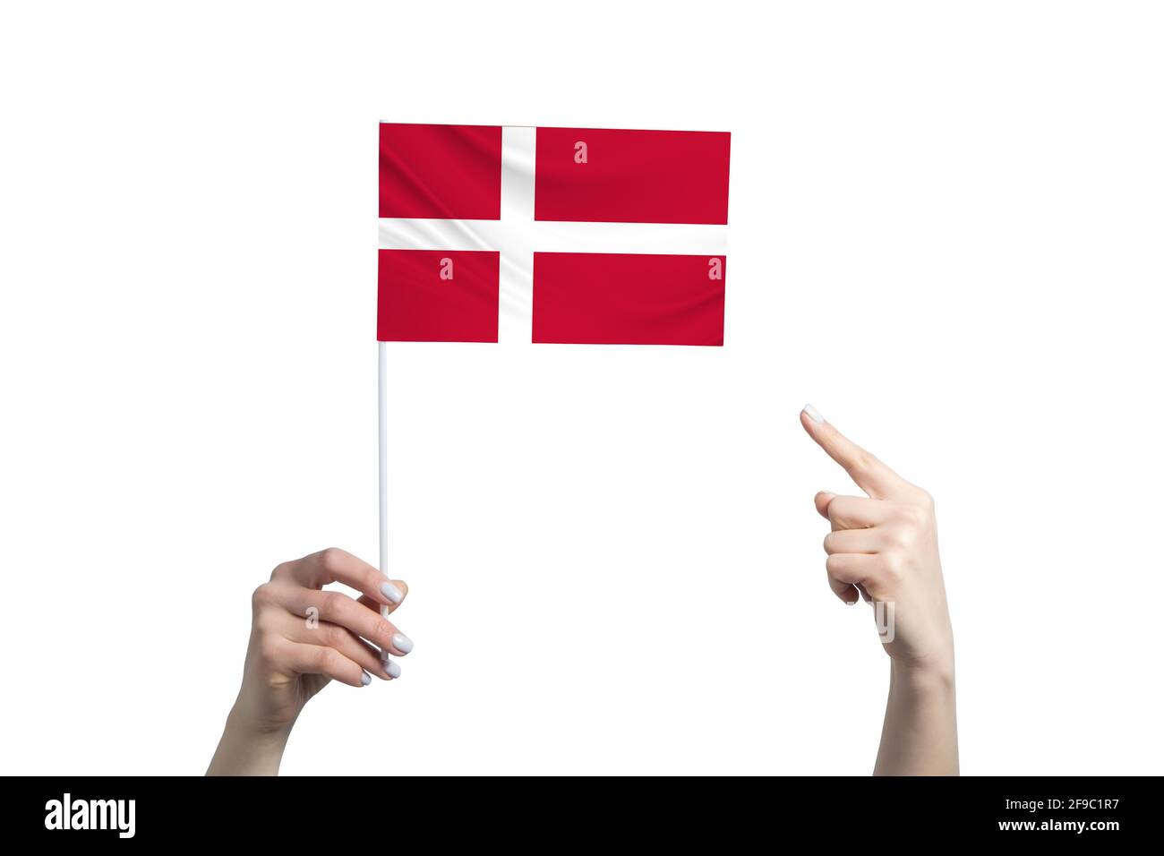 A beautiful female hand holds a Denmark flag to which she shows the ...