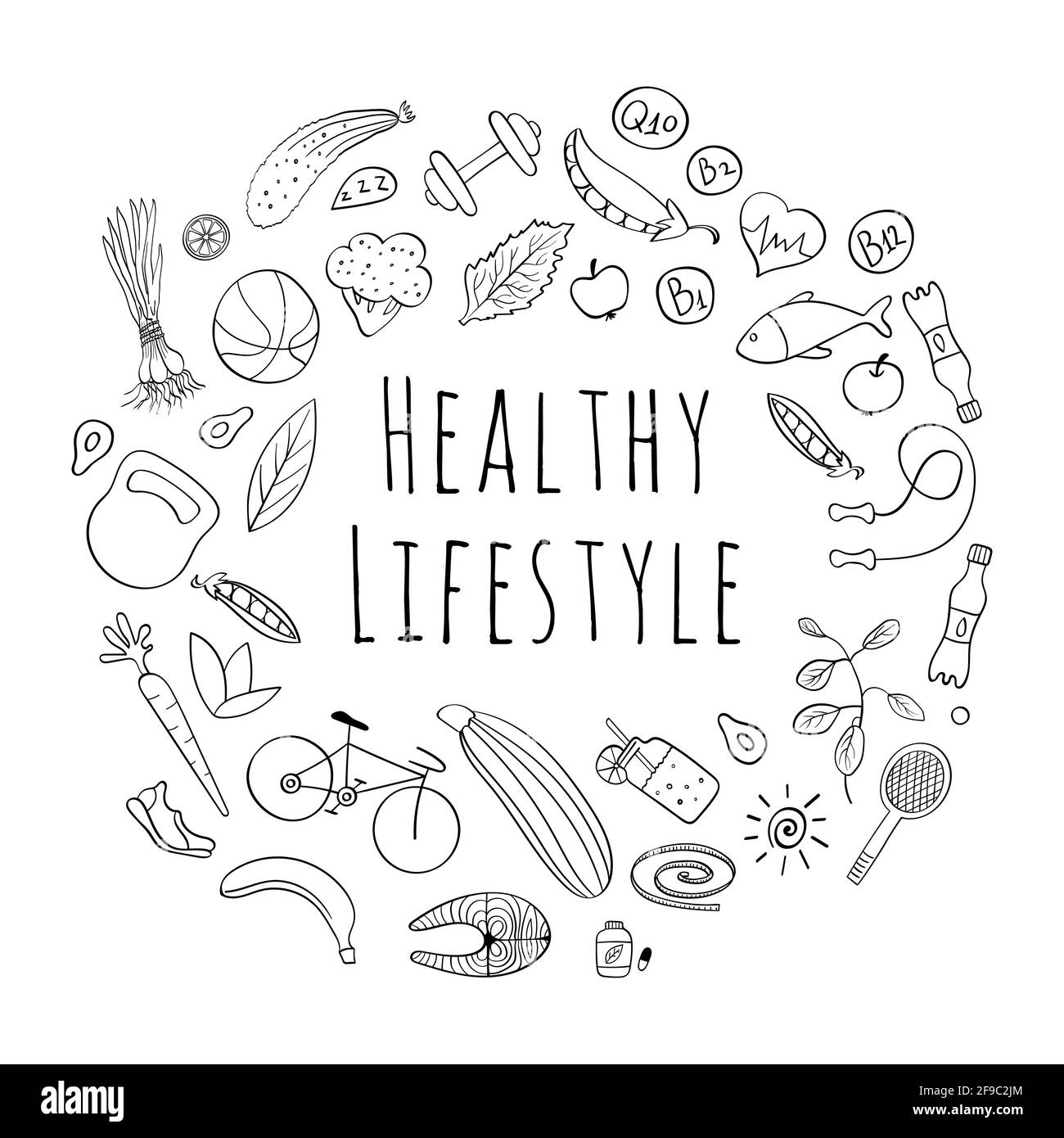 Healthy lifestyle hand drawn icons collection. Black doodles isolated ...