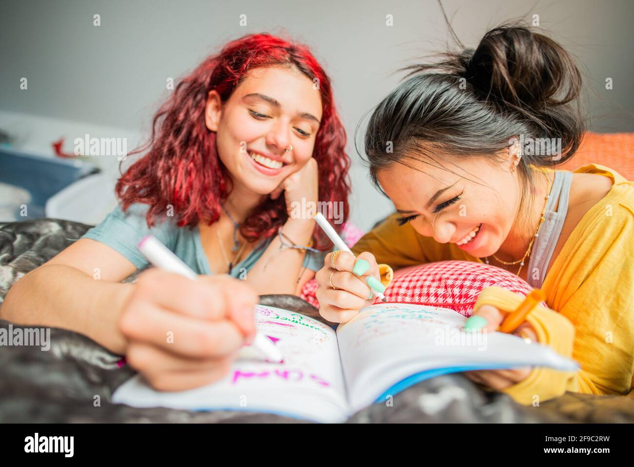 Gen z writing in her journal with friend Stock Photo - Alamy