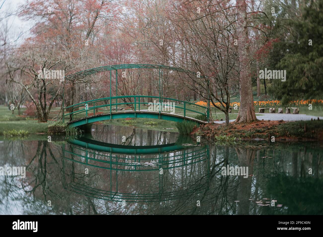 green pedestrian bridge over water at Gibbs Gardens with orange tulips ...