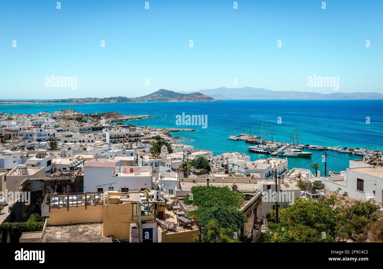 Panoramic view of Naxos, Greece. Naxos is a town (and an island) in the ...