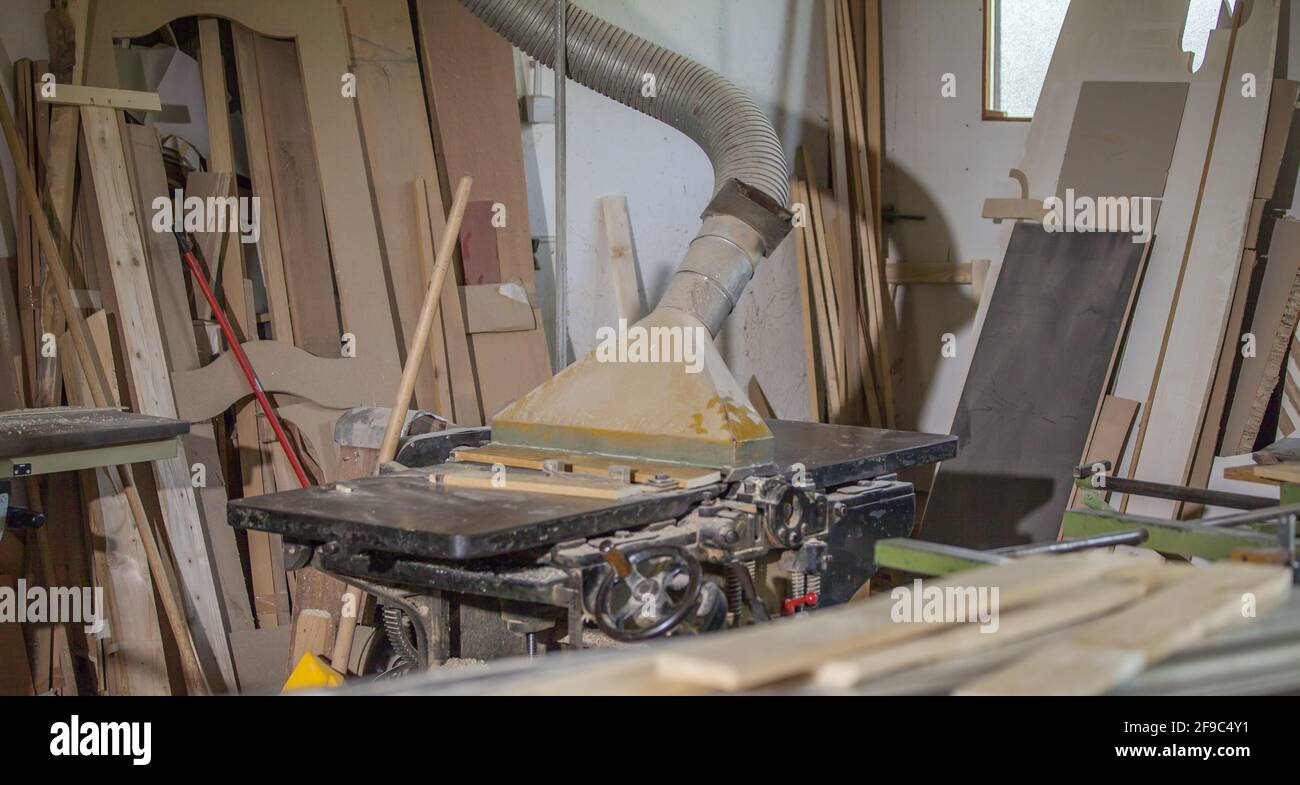 Wood saw cutting machine with a vacuum suction system in the shop Stock ...