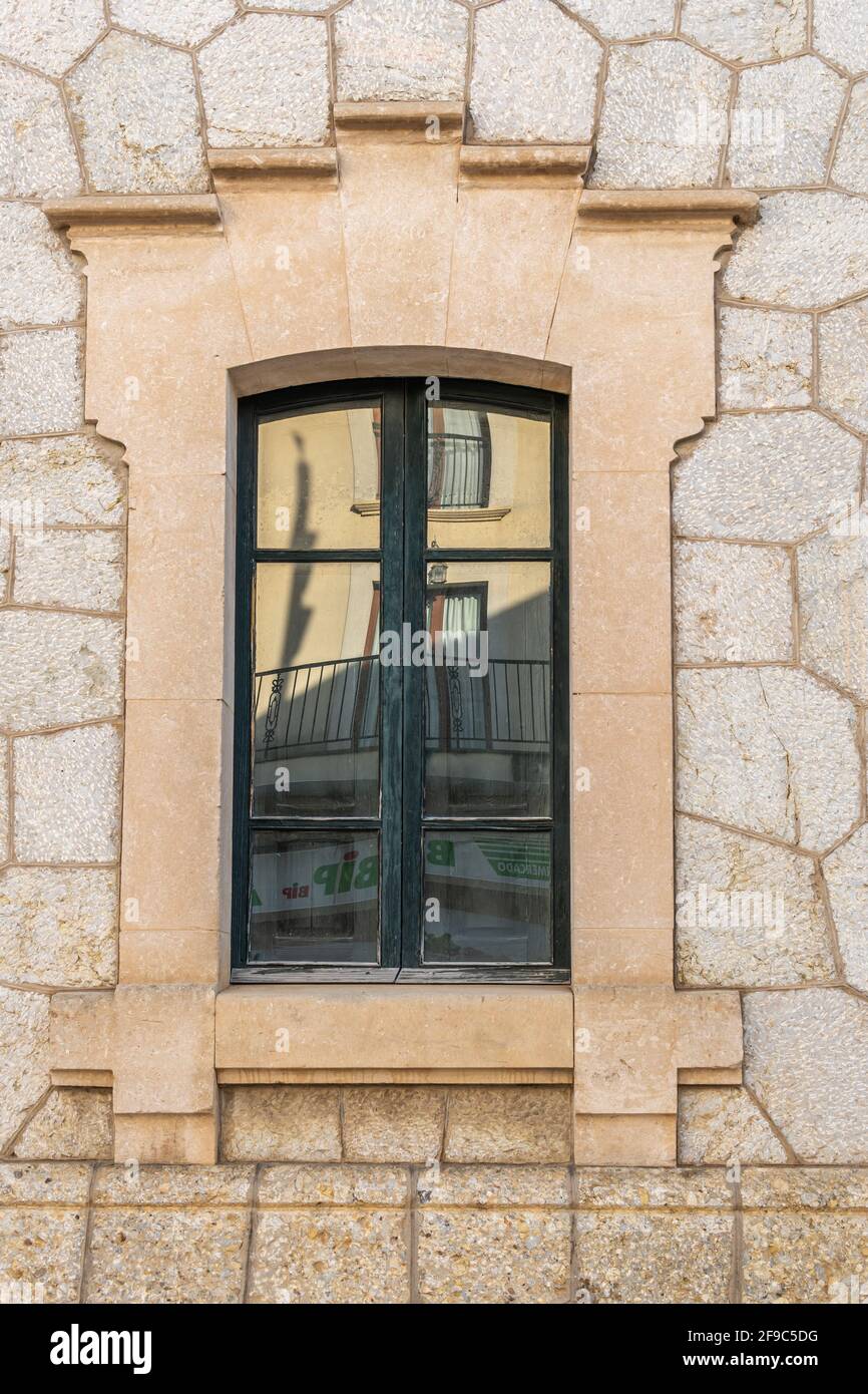 Close-up of a window of the old train station of the Mallorcan town of ...