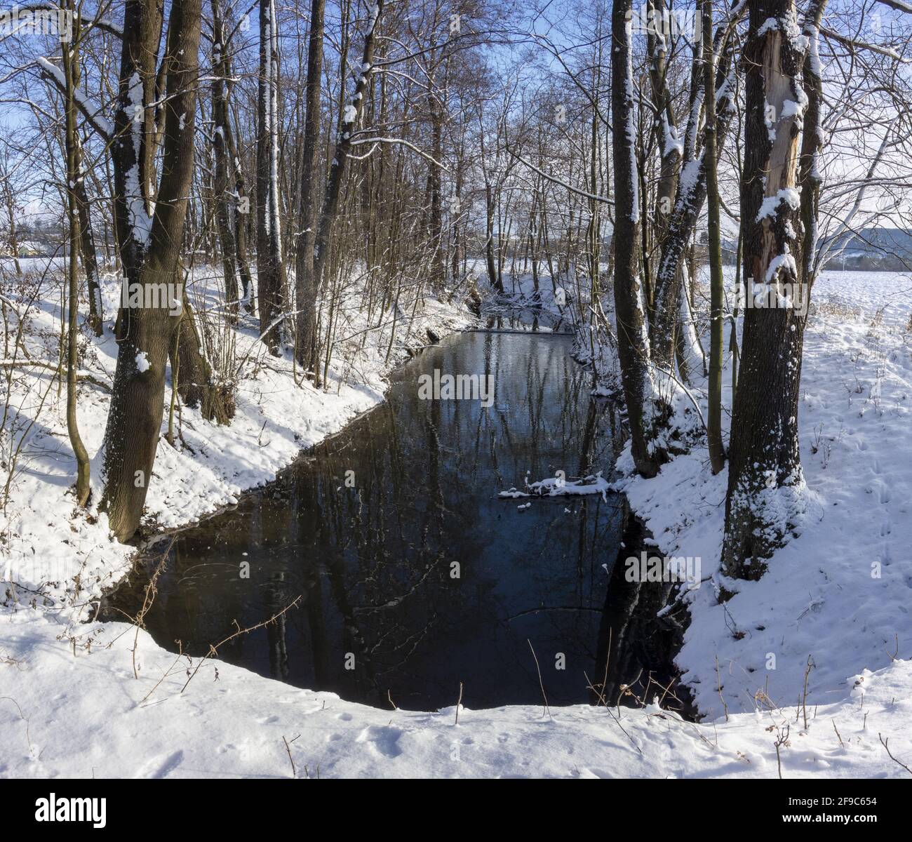 River flowing in the middle of a field covered by snow and with ...