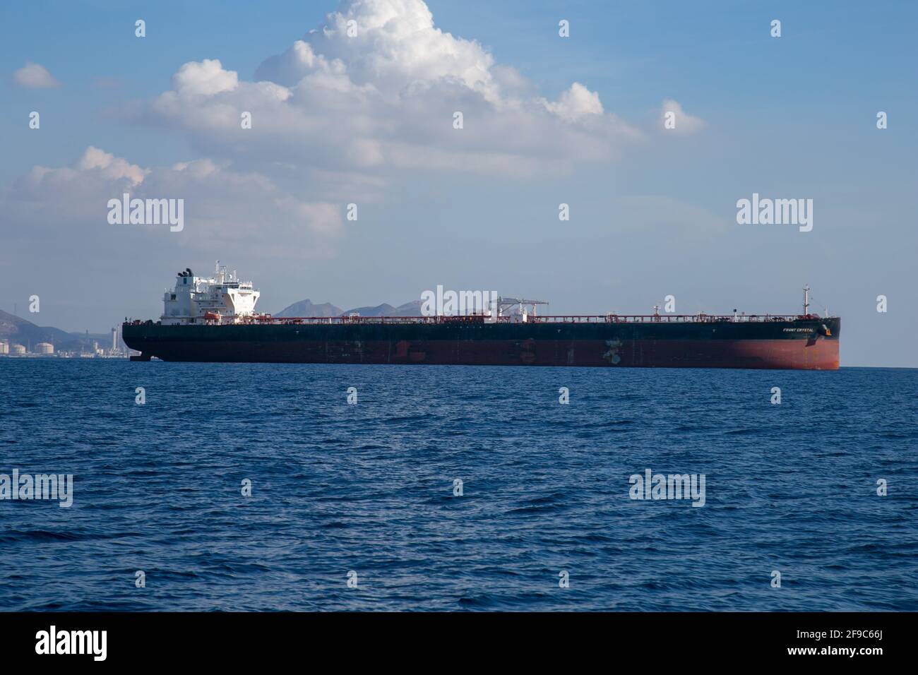 Front Crystal crude oil tanker ship moored by the coast of Spain ...