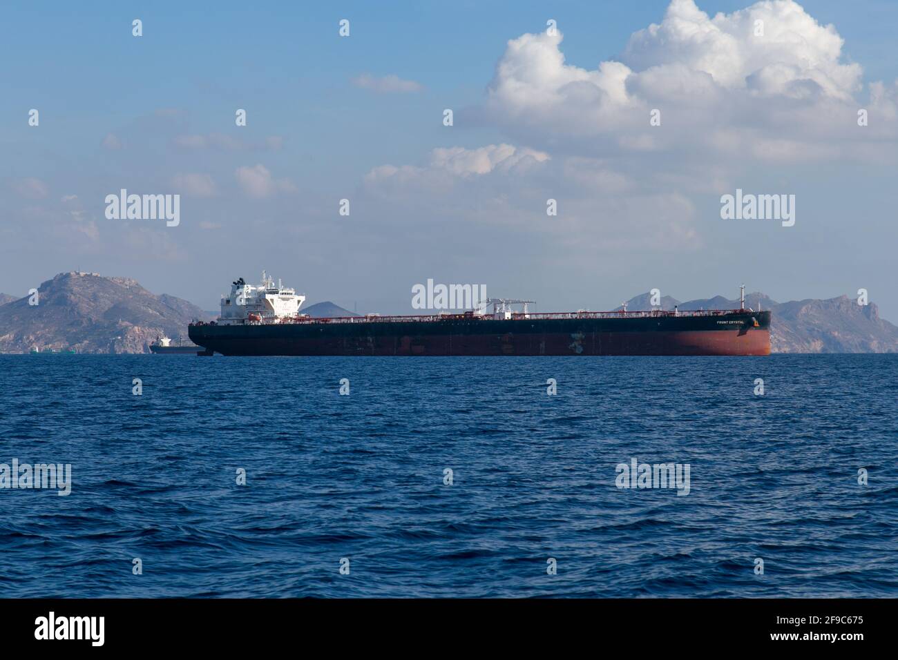 Front Crystal crude oil tanker ship moored by the coast of Spain ...