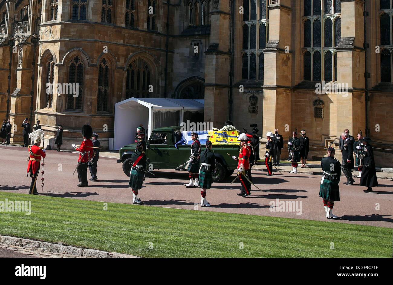 The Duke of Edinburgh's coffin, covered with his Personal Standard, is ...