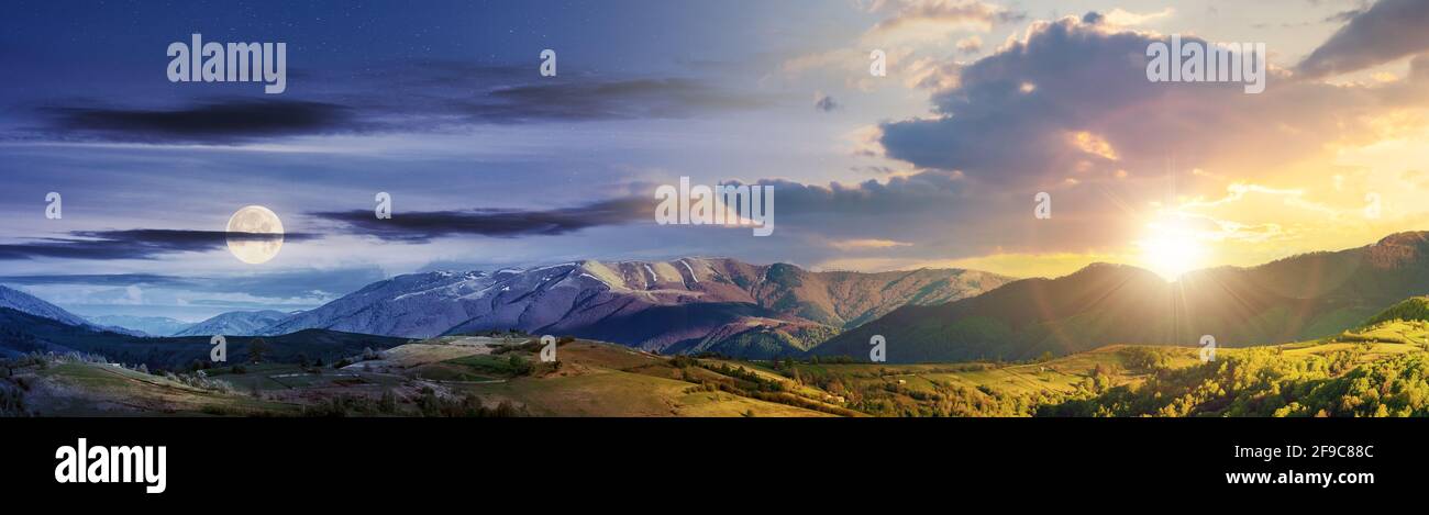 time change concept above mountainous rural panorama landscape in ...