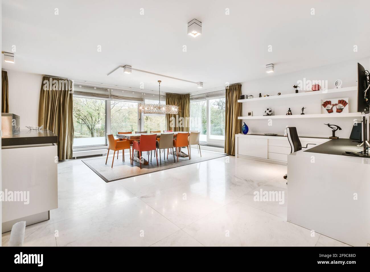 Spacious dining room and workplace Stock Photo - Alamy