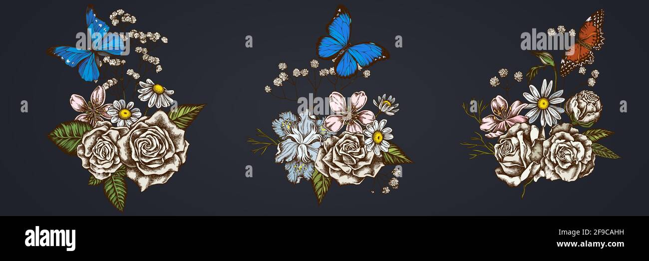 Flower bouquet of colored iris japonica, gypsophila, chamomile, almond ...