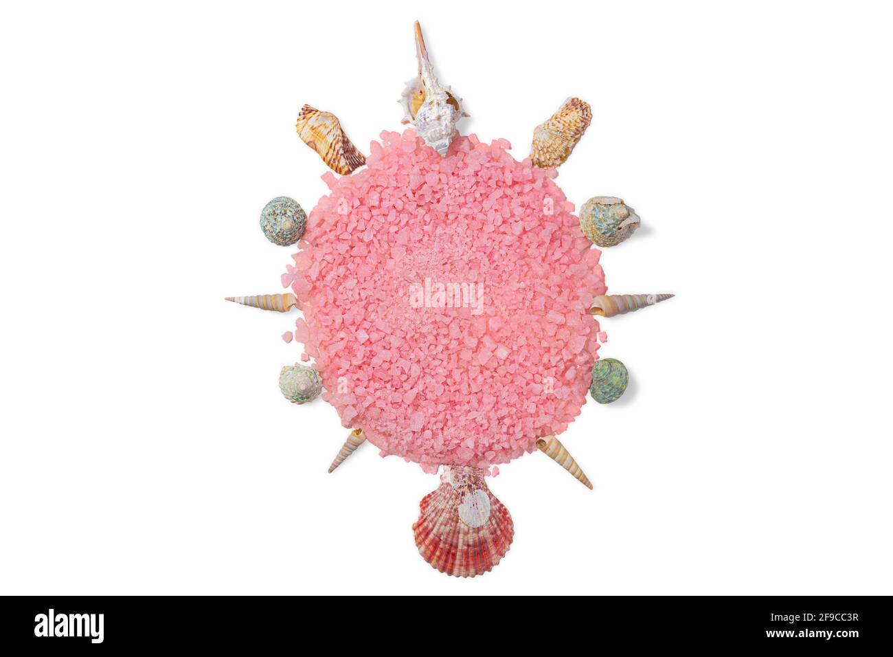 Pink bath salt with shells in the form of round frame. Marine clock ...